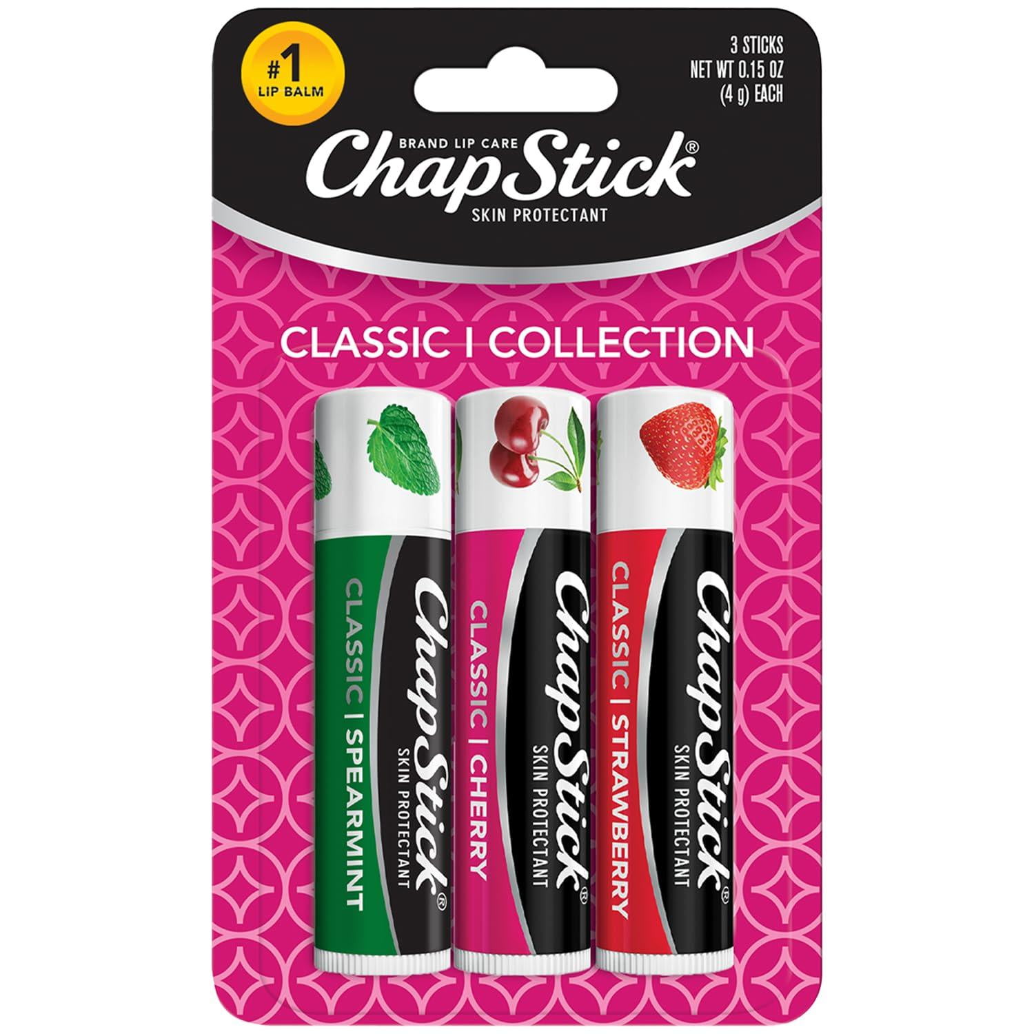 ChapStick Classic (3 Sticks) Cherry, Strawberry & Spearmint Flavor Skin ...