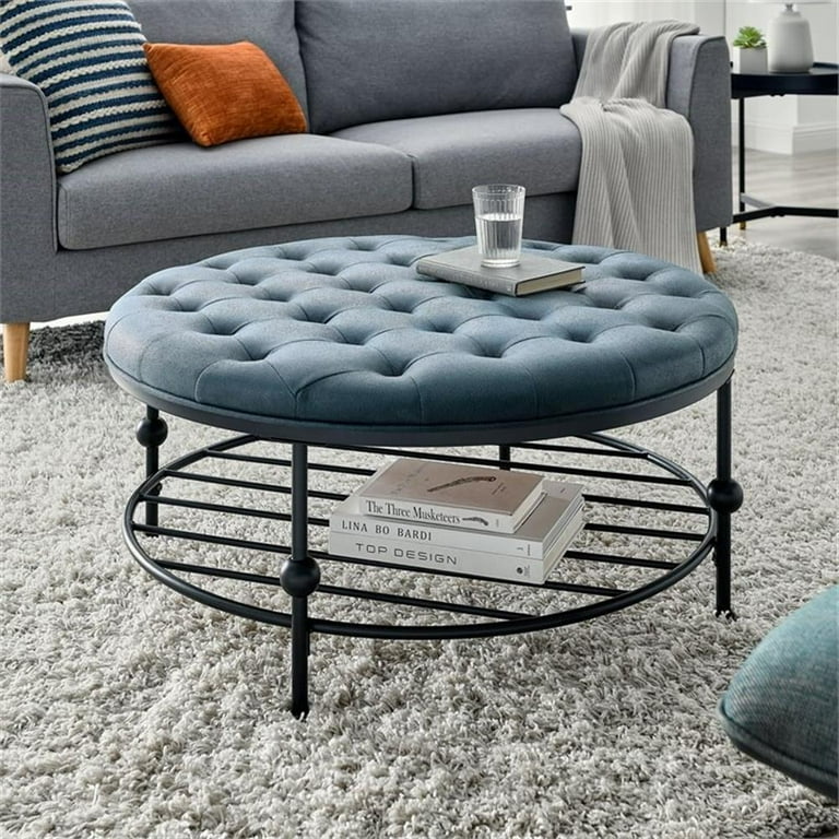 Partner Furniture 36 Round Faux Leather Tufted Cocktail Ottoman in Blue