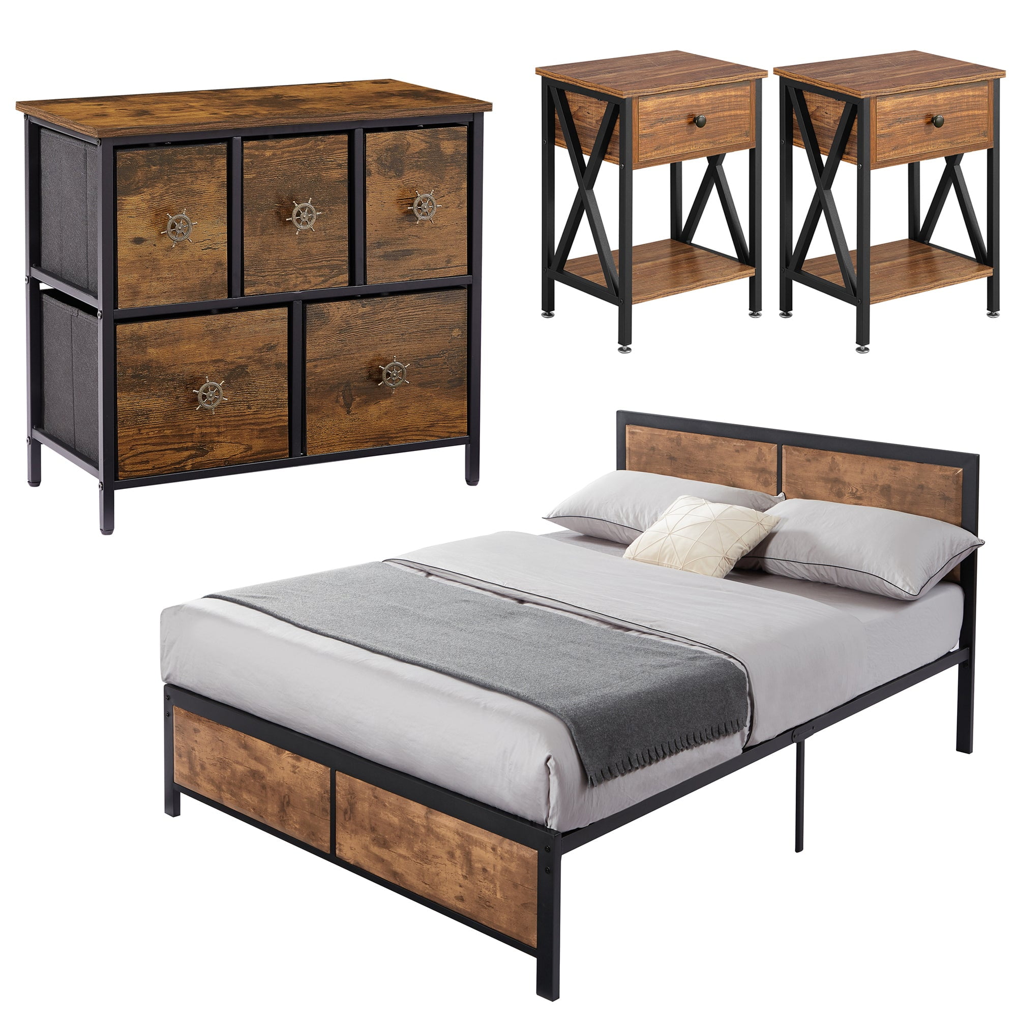 VECELO 4-Piece Bedroom Set with Full Size Platform Bed Frame & 5-Drawer ...