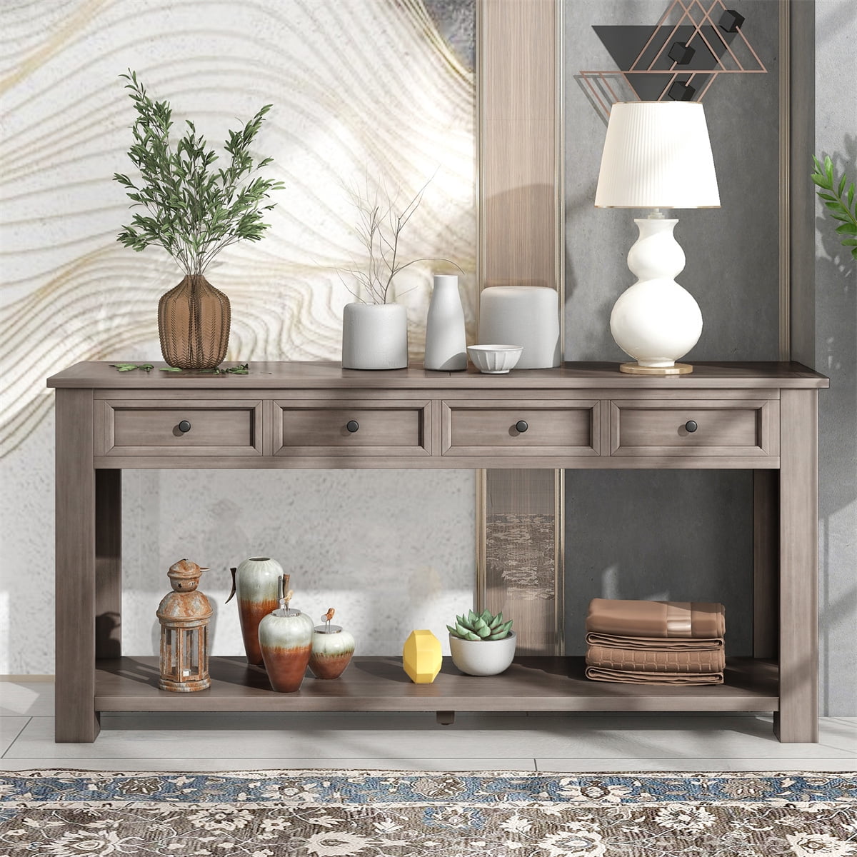 Farmhouse Console Table, Solid Wood, 4 Drawers & Shelf, Gray Wash ...