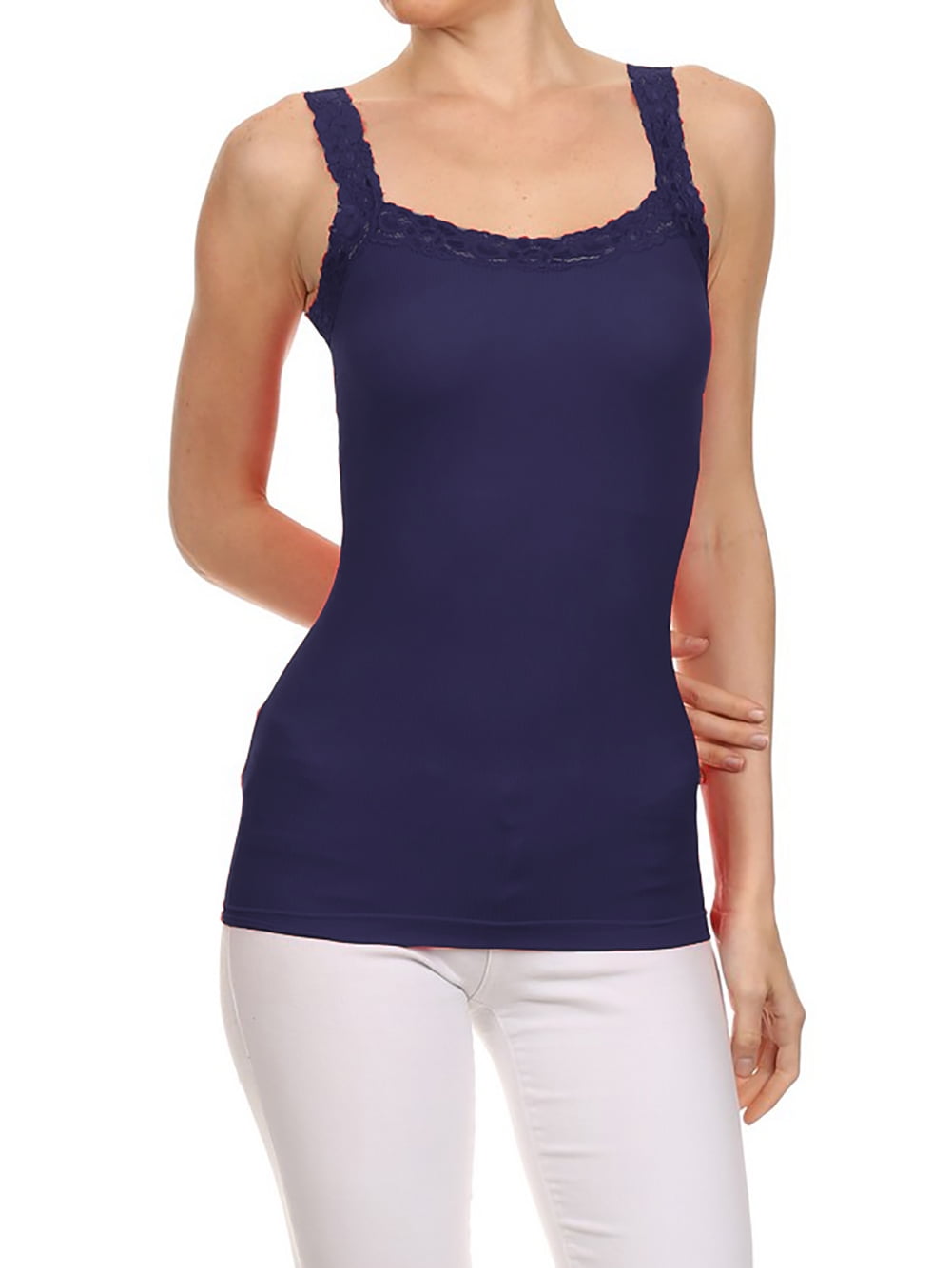 Women's Stylish Scoop Neck Lace Trim Cami Tunic Tank Top, Navy ...