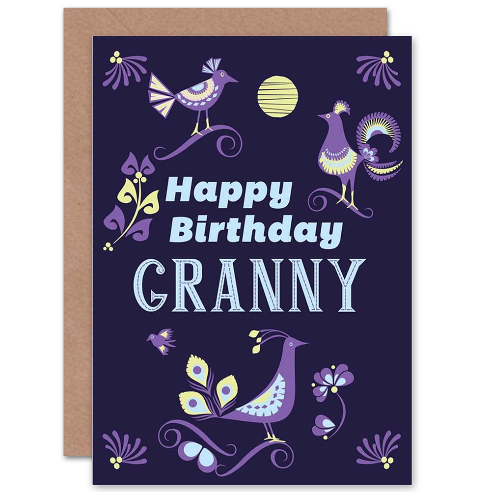 Happy Birthday Gran Granny Bird Leaf Ornate Greetings Card Plus ...