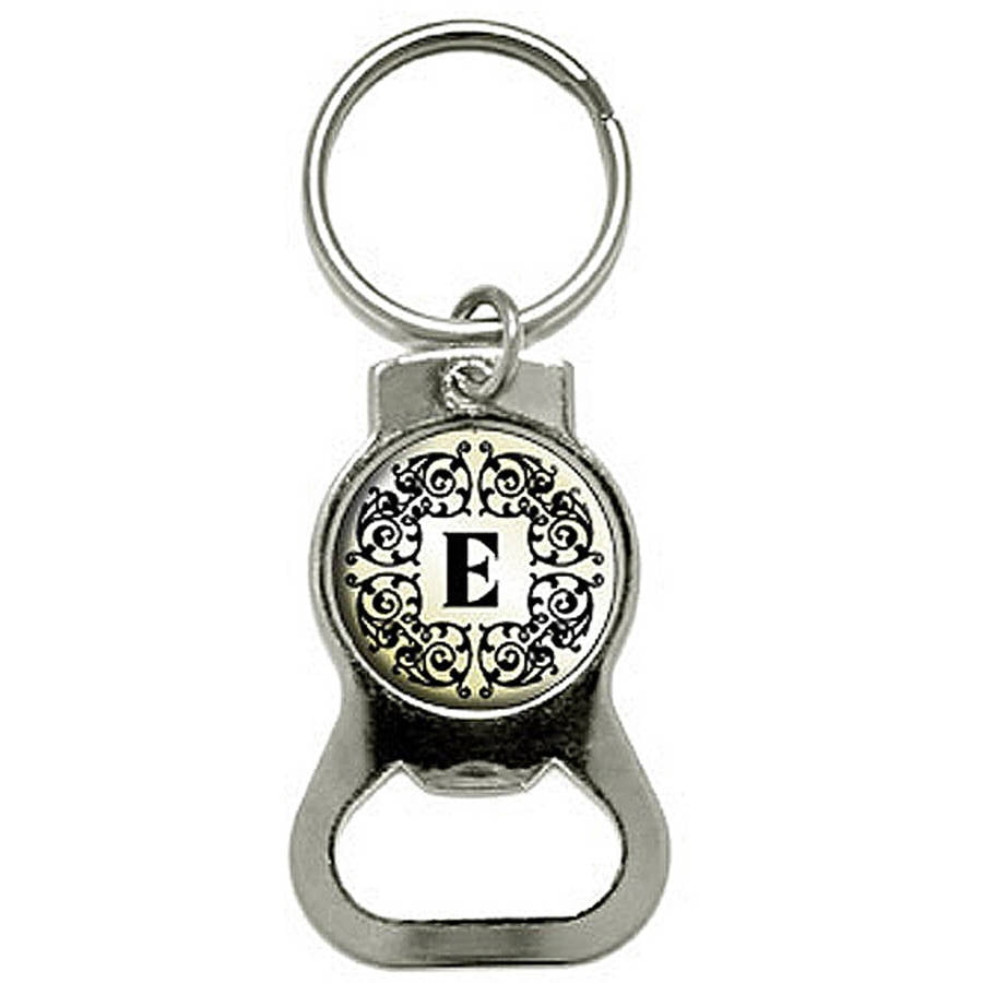 Letter E Initial Black White Tan Bottle Cap Opener Keychain Key Ring ...