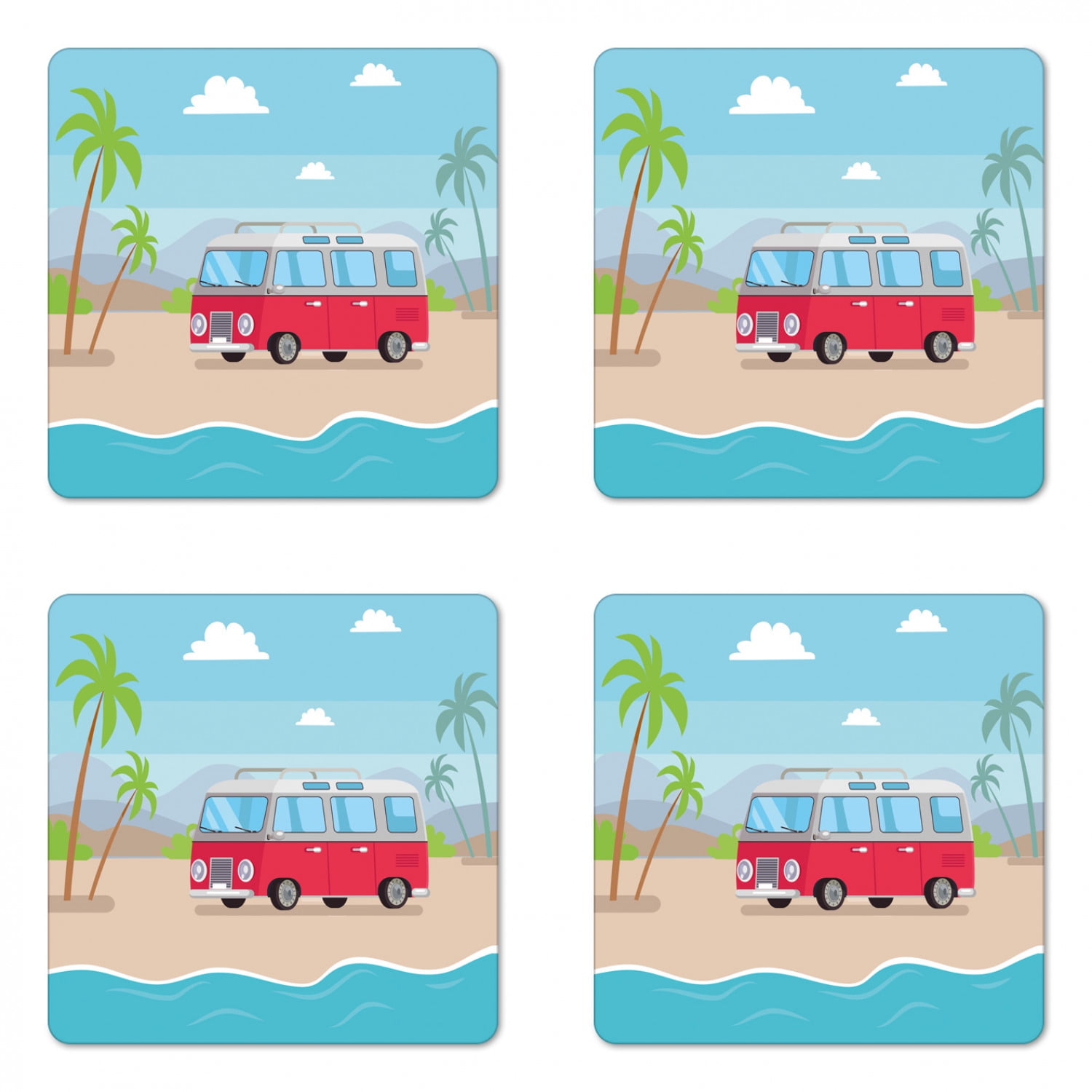 Graphic Beach Coaster Set of 4, Cartoonish Illustration of Happy Camper ...