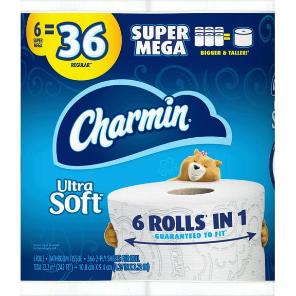 Charmin Toilet Paper Ultra Soft, 6 Mega Rolls, 2-Ply Bath Tissue ...