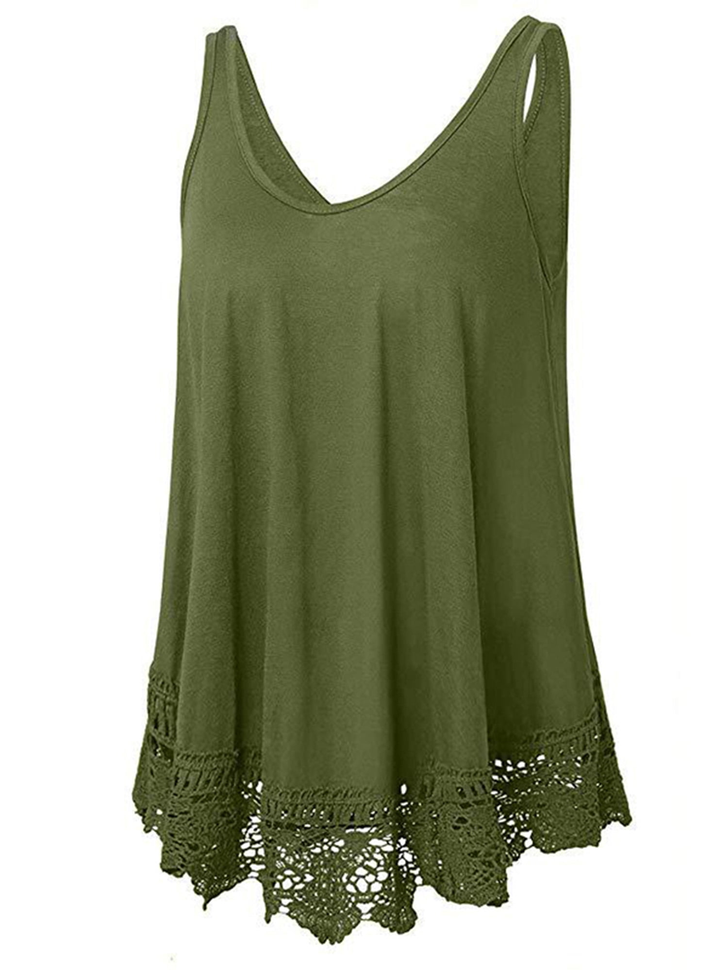 Women Beach Vest Tank Tops Flowy Round Neck Casual Summer Lace Trim ...