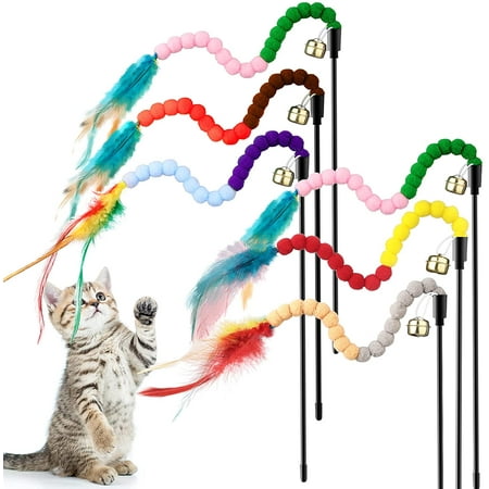6 Pieces Cat Wand Interactive Cat Wand Toys with Feather and Bell Safe ...