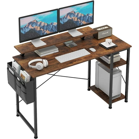 Mexin 39 Inch Computer Desk with Monitor Stand & 2-Tier Storage Shelves ...