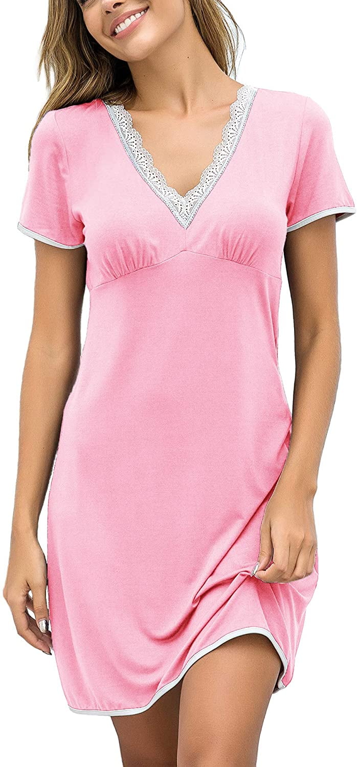 Night Shirts Women Nightgowns Sexy Sleep Shirts Lace Trim V Neck Short ...