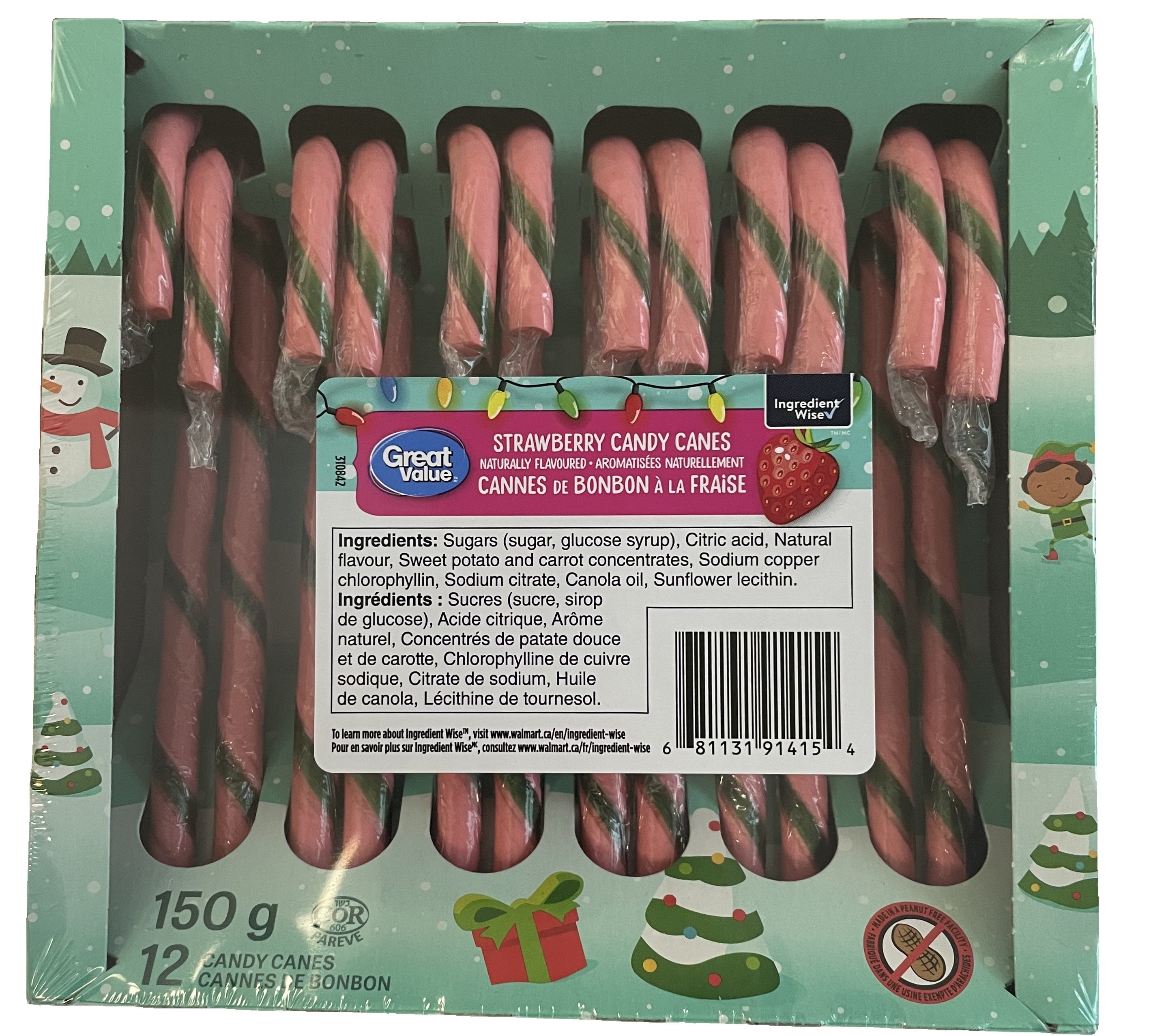 Great Value Naturally Flavoured Strawberry Candy Canes, 12 Candy Canes ...