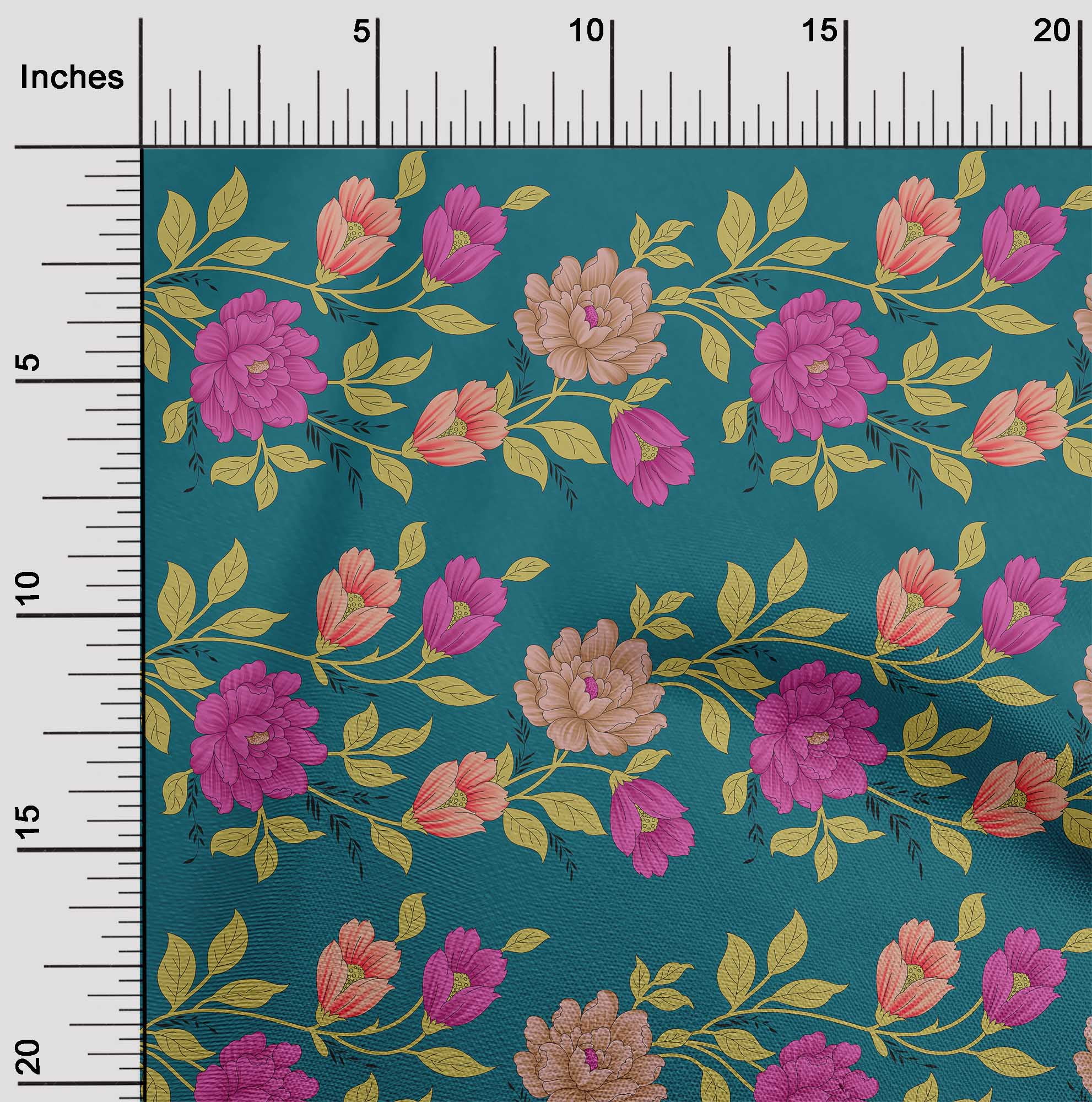 oneOone Georgette Viscose Teal Green Fabric Leaves & Flowers Floral ...