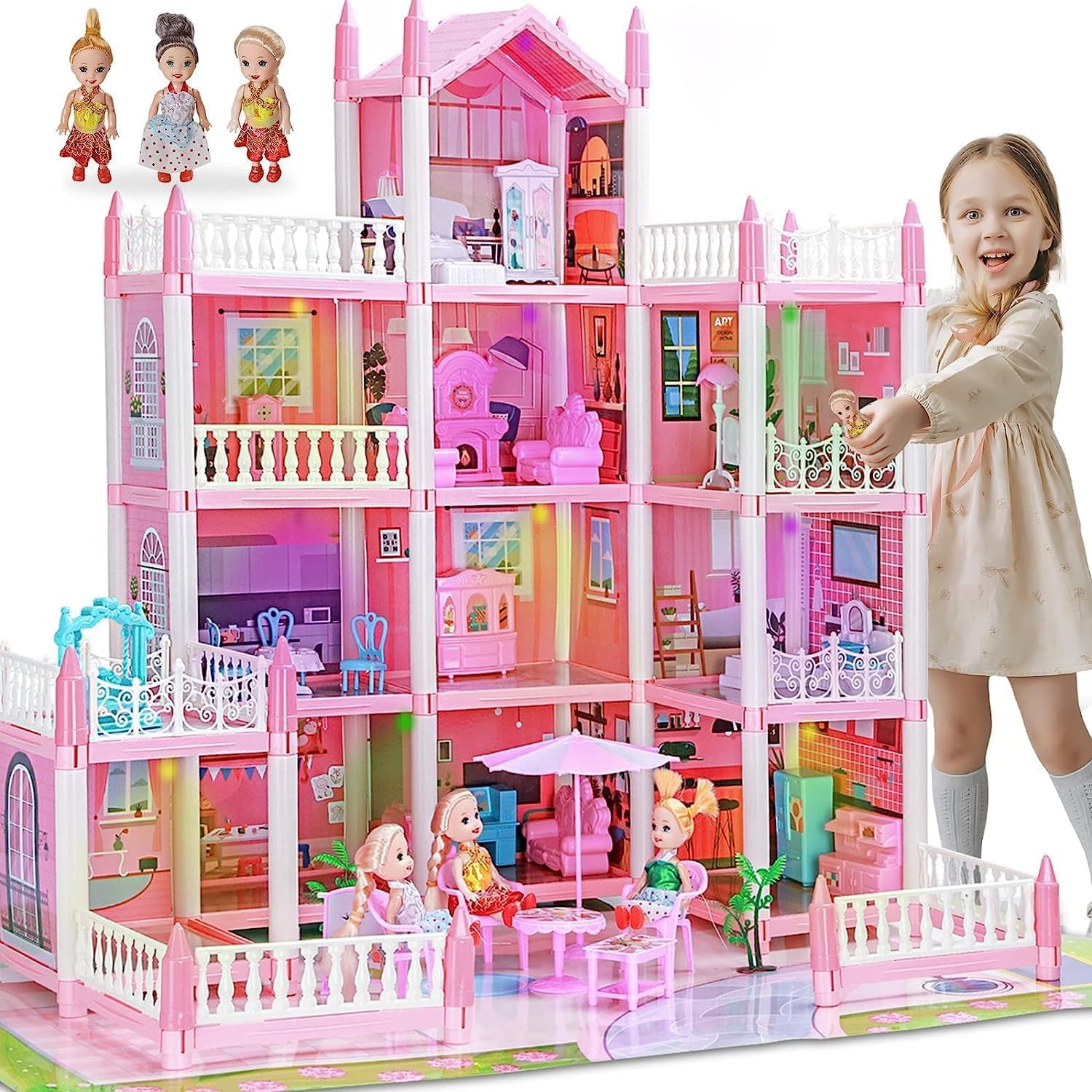 Teyrjy 4 Stories Dollhouse For Girls Diy Doll House Accessories Playhouse With Furniture And 11 Rooms Pretend Play Dreamhouse With Lights For Kids