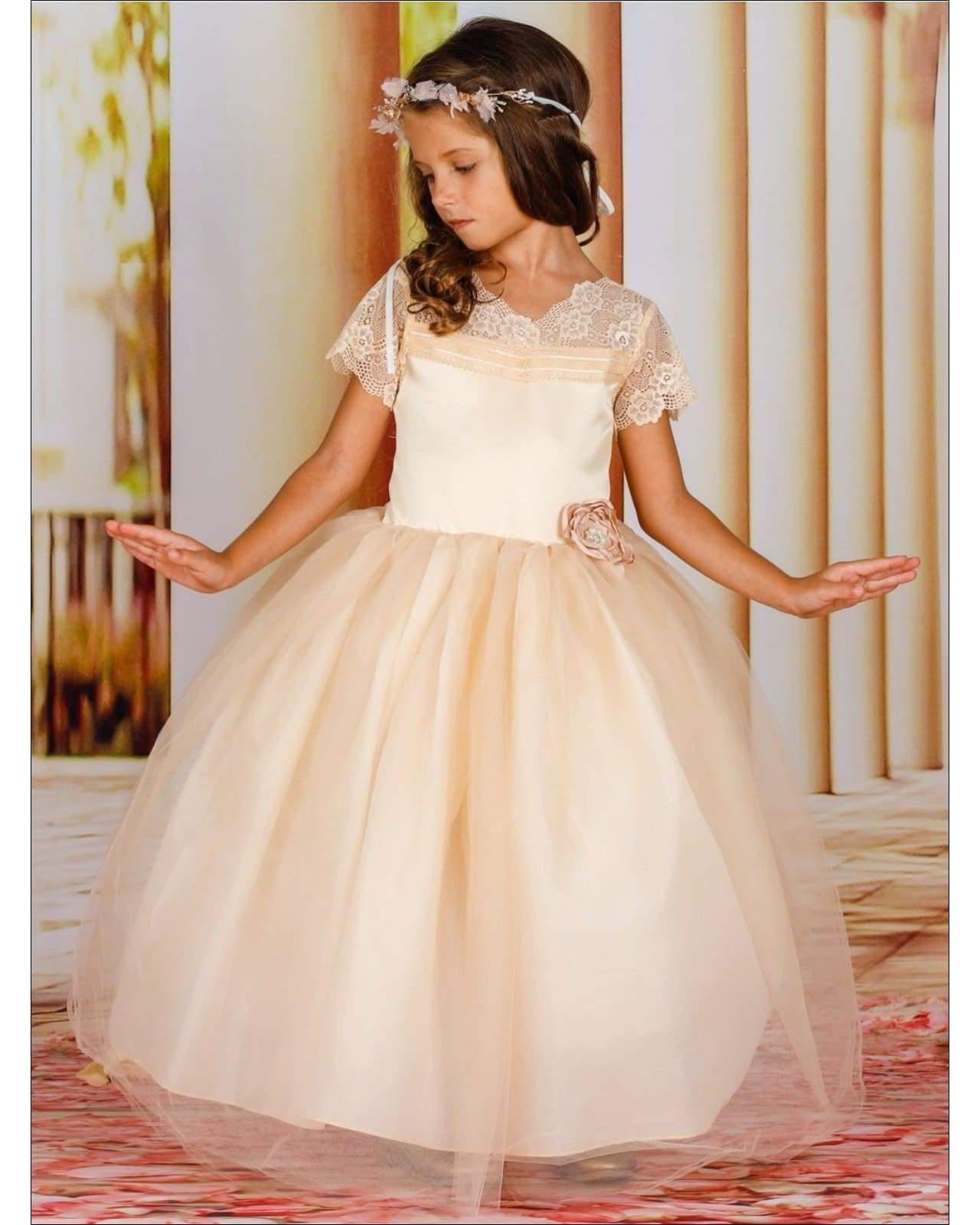 Girls Lace Sleeve Maxi Dress with Flower Clip (3 Color Options), Beige ...