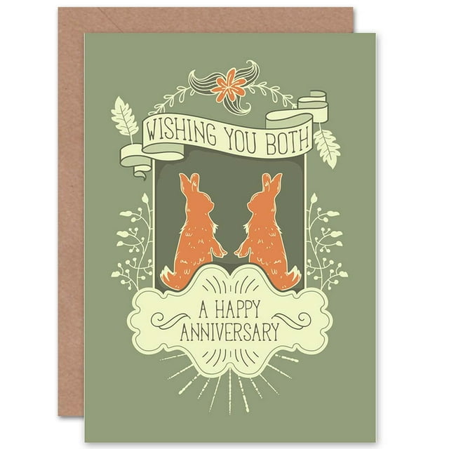 Happy Anniversary Rabbits Green Greetings Card Plus Envelope Blank ...