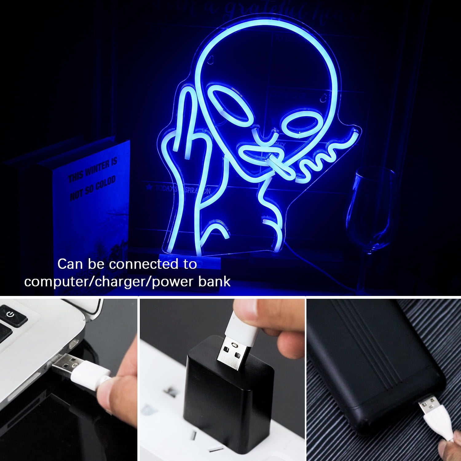 Buy Wanxing Blue Alien Neon Signs Funny LED Light Sign for Shop Bar Pub ...