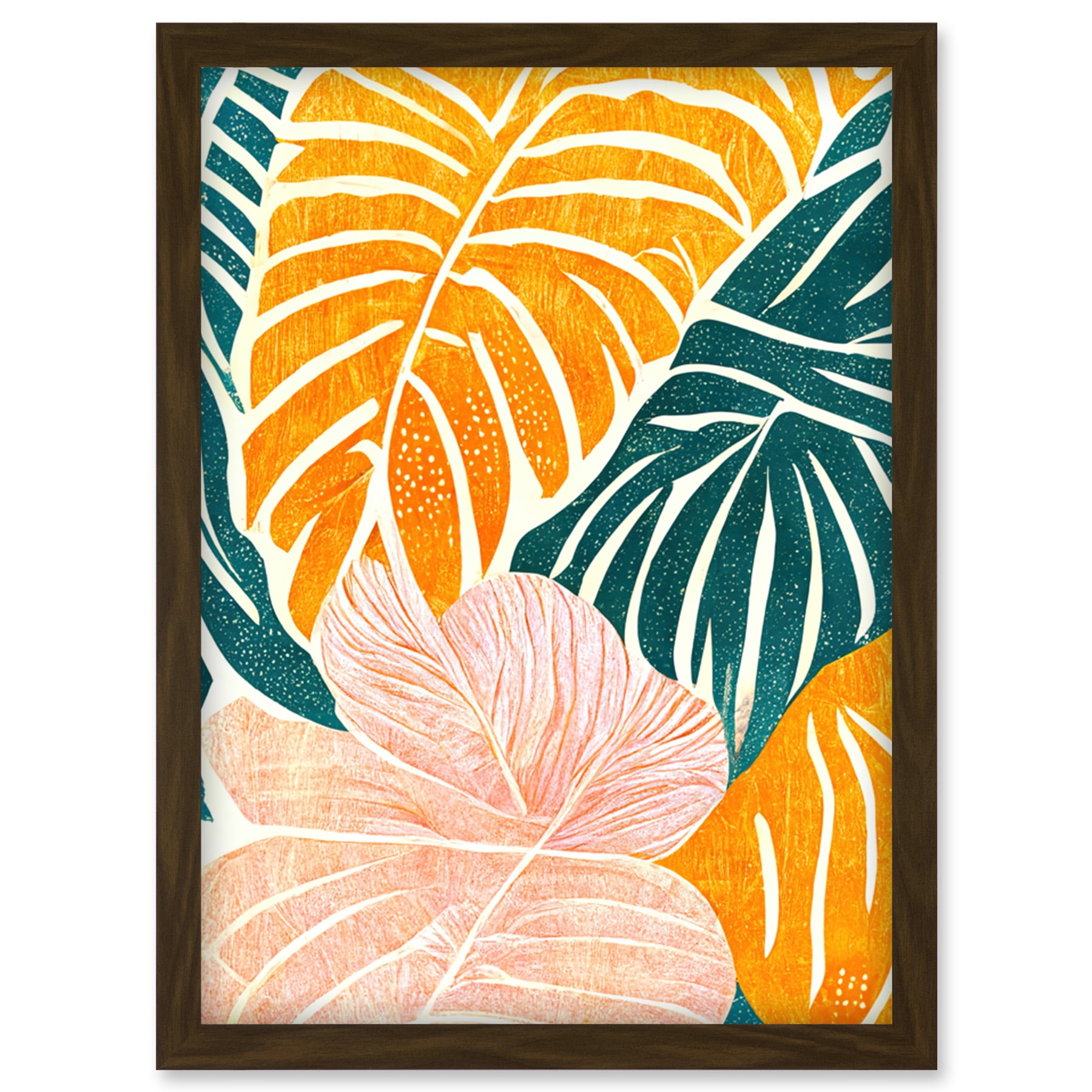 Orange Pastel Pink Green Monstera Plant Leaf Boho Linocut Illustration ...