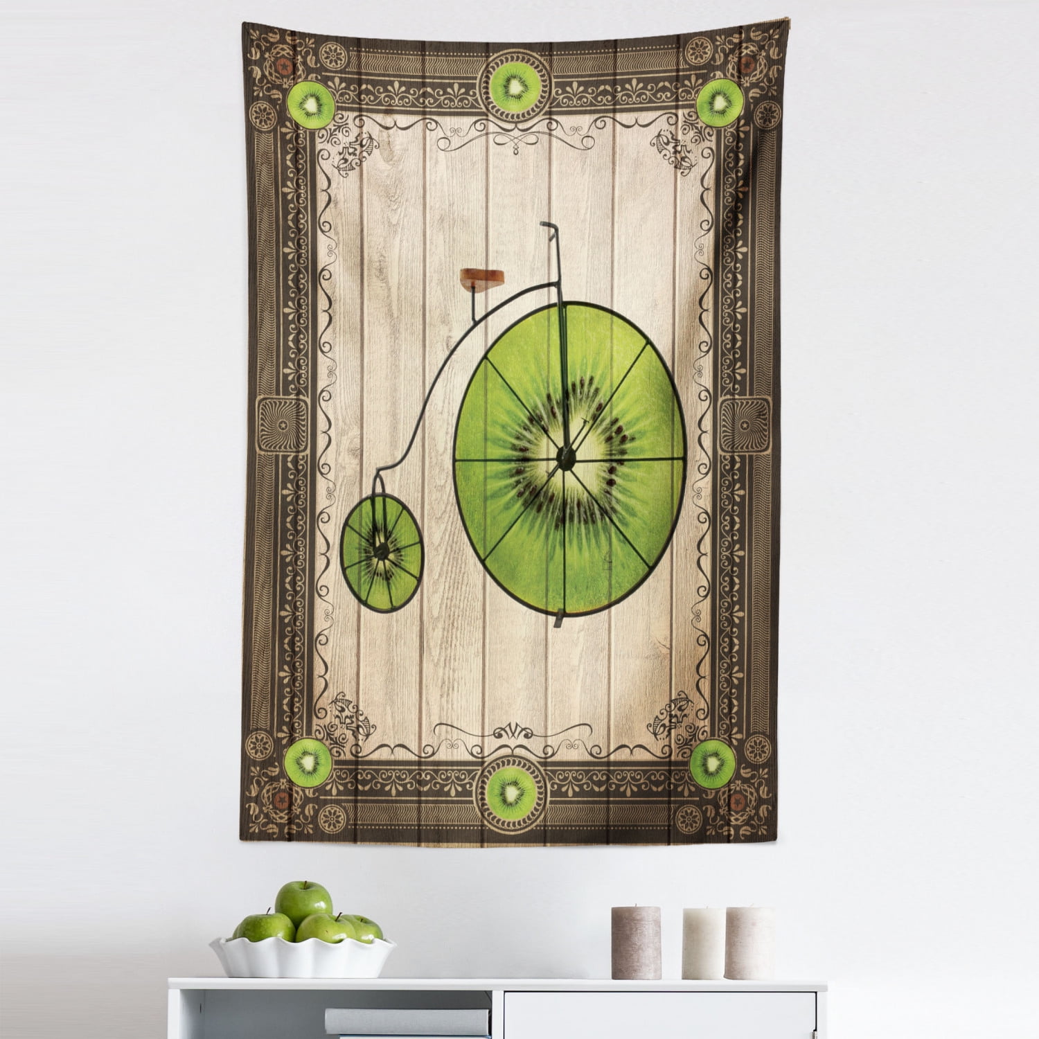 Kiwi Tapestry, Abstract Retro Bike with Fruit Wheels in Antique Frame ...