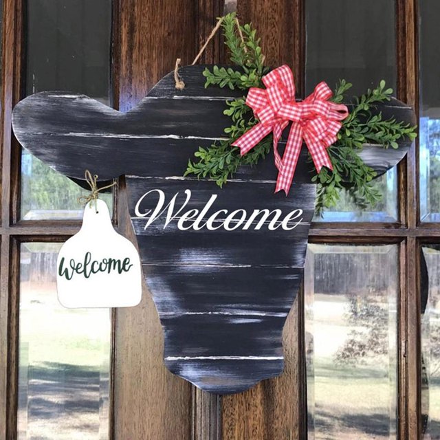 Cow Head Door Hanger Welcome Sign with Plaid Fabric Bow, Acrylic Home ...