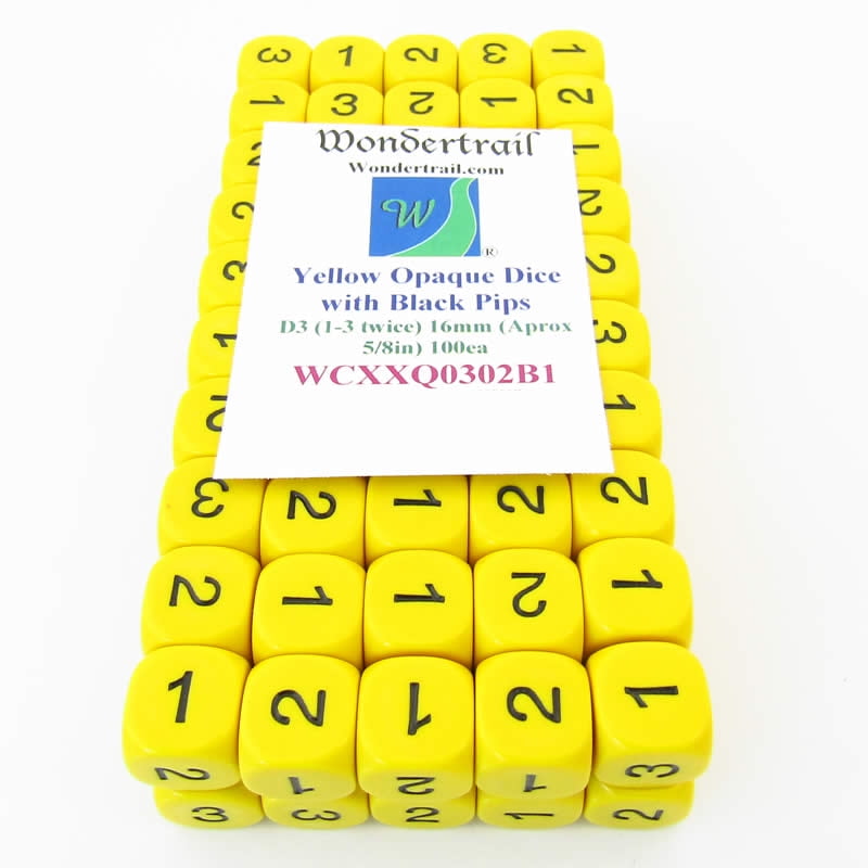 Yellow Opaque Dice with Black Numbers D3 (D6 1-3 Twice) 16mm (5/8in ...