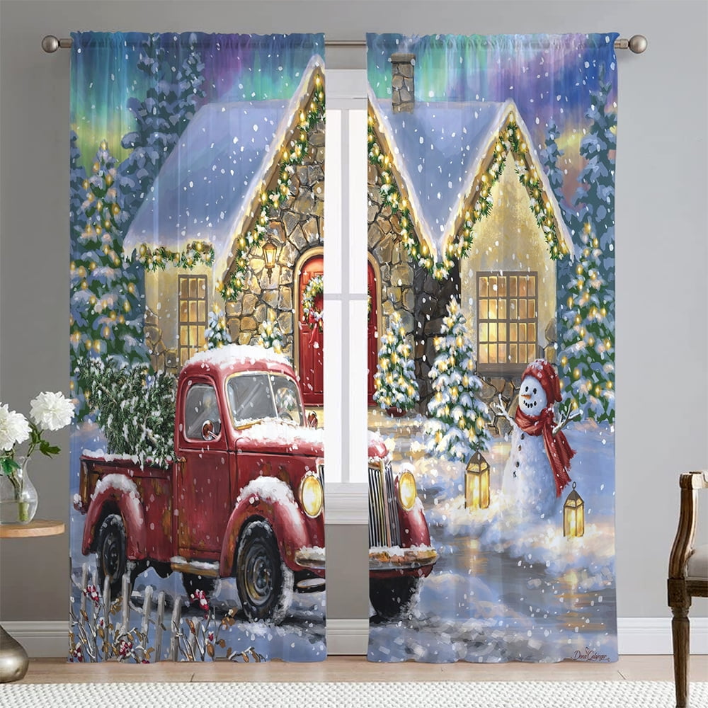 CUH Santa Claus Sheer Window Curtain Xmas Voile Window Drape Christmas ...