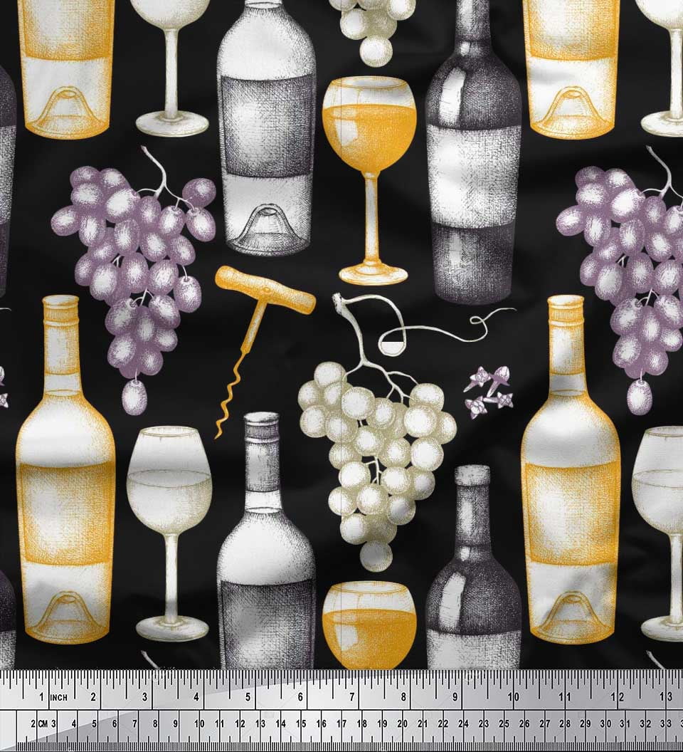 Soimoi Satin Silk Fabric Grapes,Wine Glass & Bottle Print Fabric by the ...