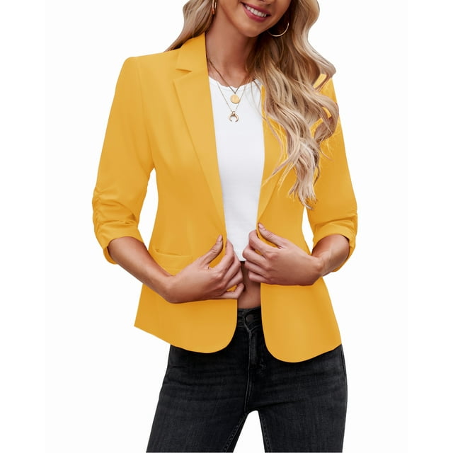 luvamia Women's 3/4 Sleeve Ruffle Blazer Formal Notch Lapel Button Down ...