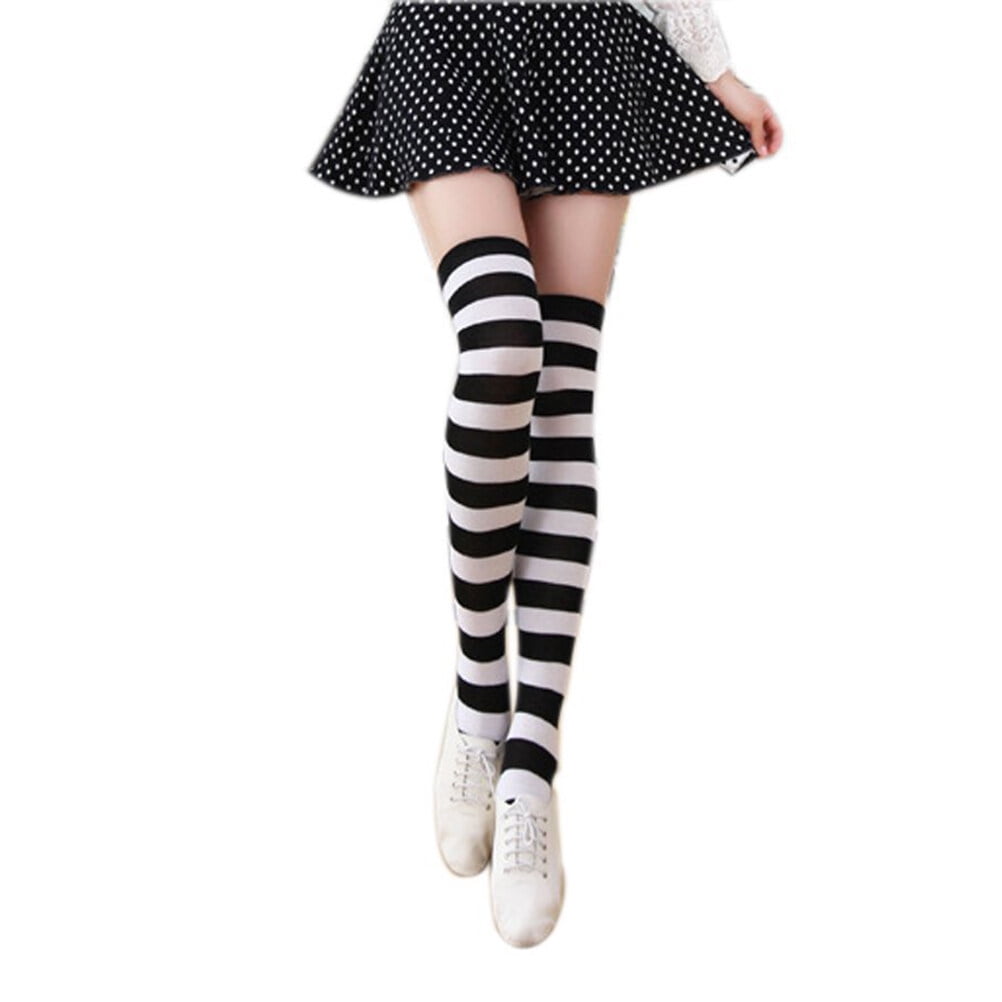 NUOLUX Pair of Women's Black and White Wide Striped Thigh High Over the ...