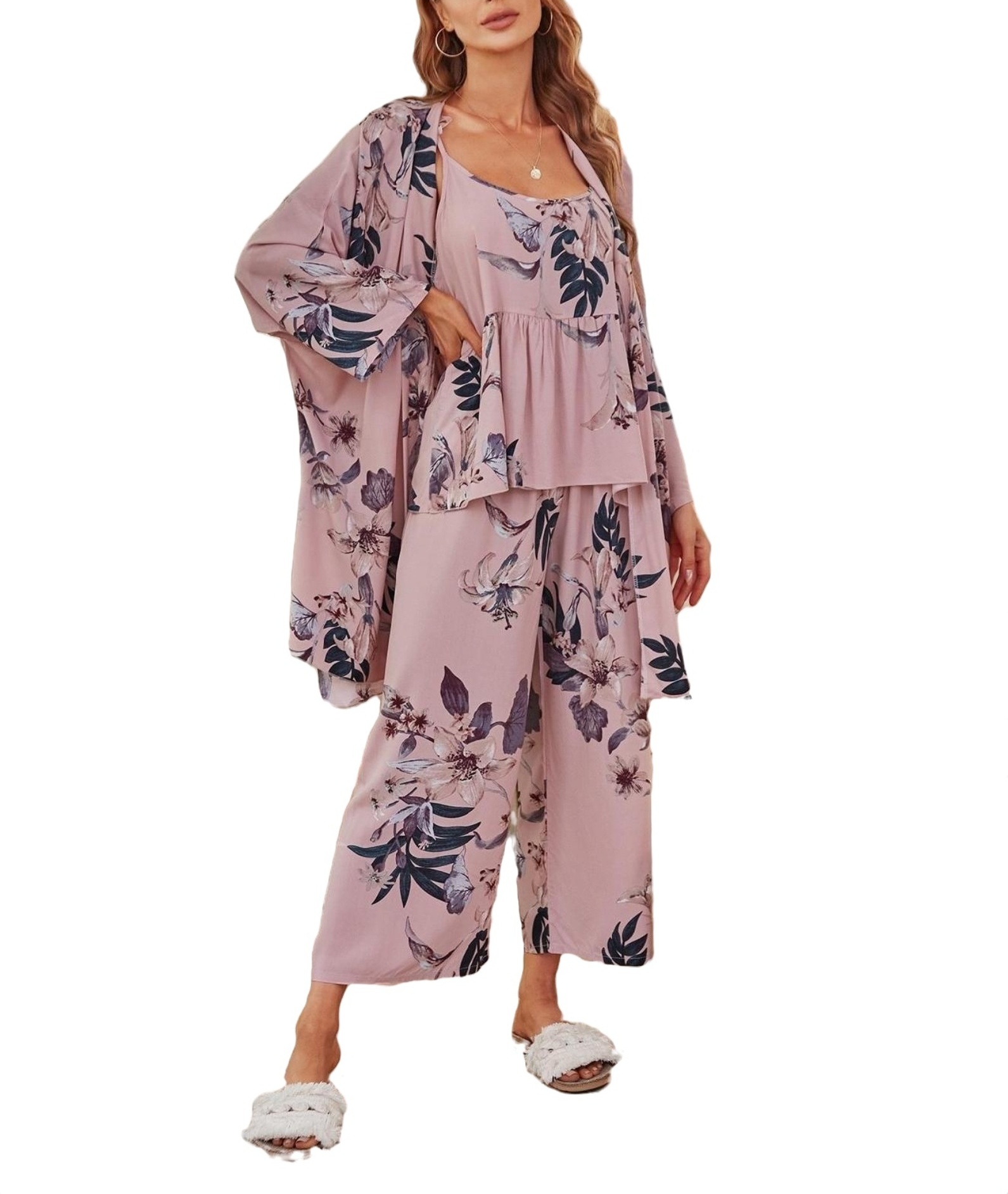 Sexy All Over Print Spaghetti Strap Robe Sets Long Sleeve Dusty Pink ...