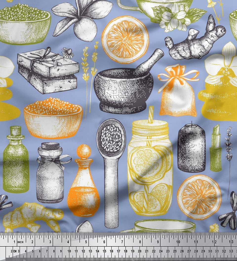 Soimoi Modal Satin Fabric Ginger,Jar & Mortar and Pestle Kitchen Print ...