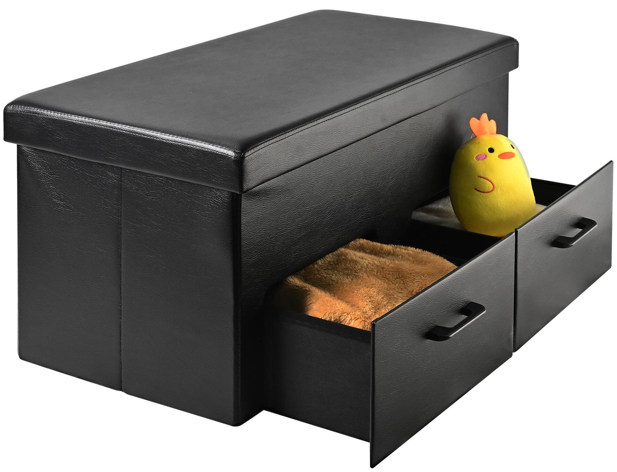 31 Inches Folding Storage Ottoman with 2 Drawer, Storage Ottoman Bench ...