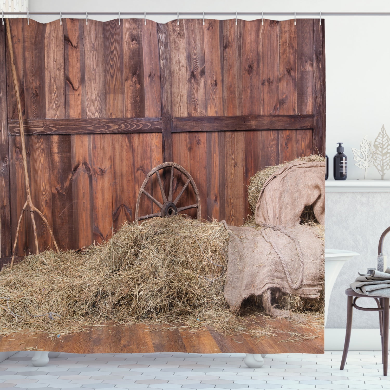 Barn Wood Wagon Wheel Shower Curtain, Rural Old Horse Stable Barn ...