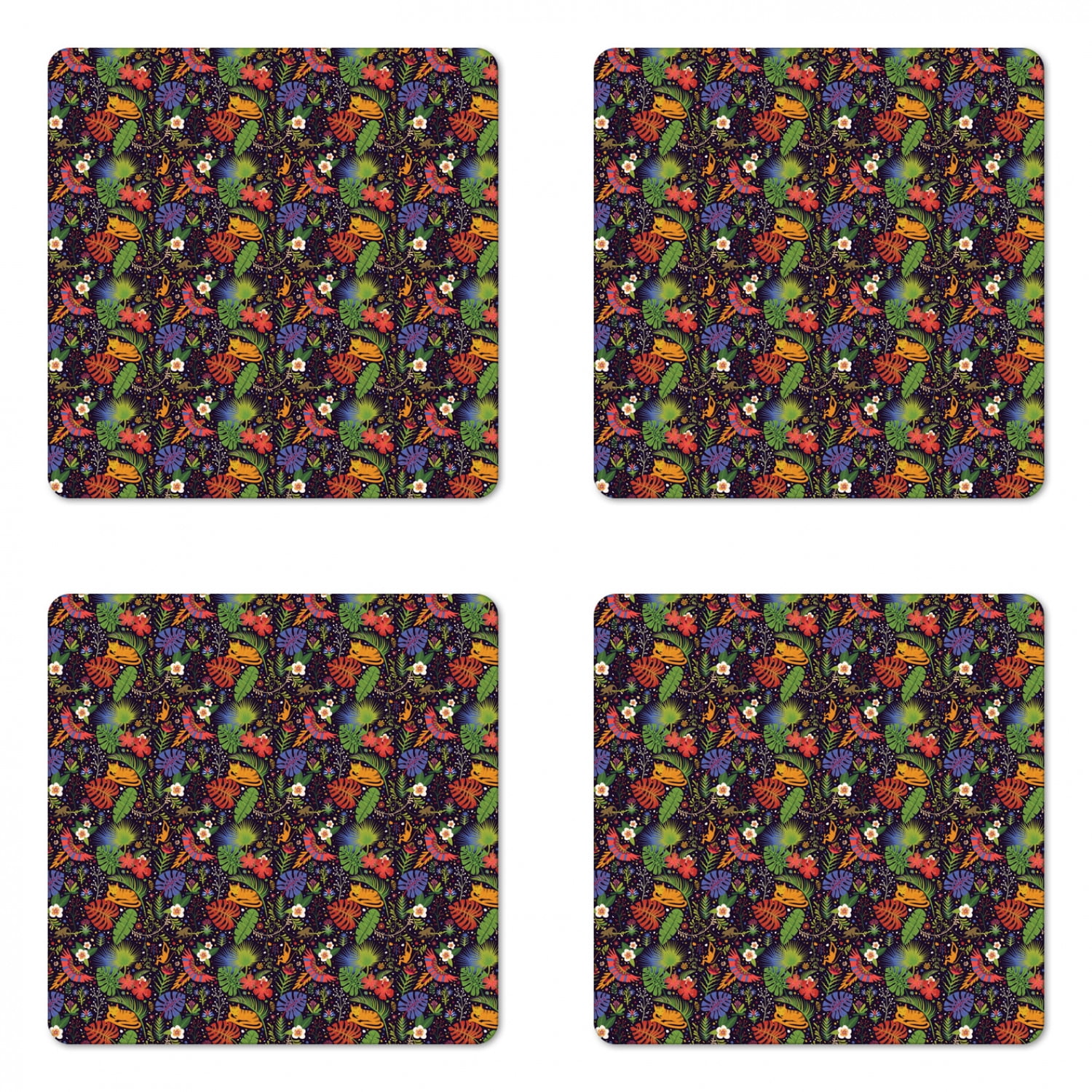 Tropical Coaster Set of 4, Animals Flowers of Hawaii on Indigo Backdrop ...