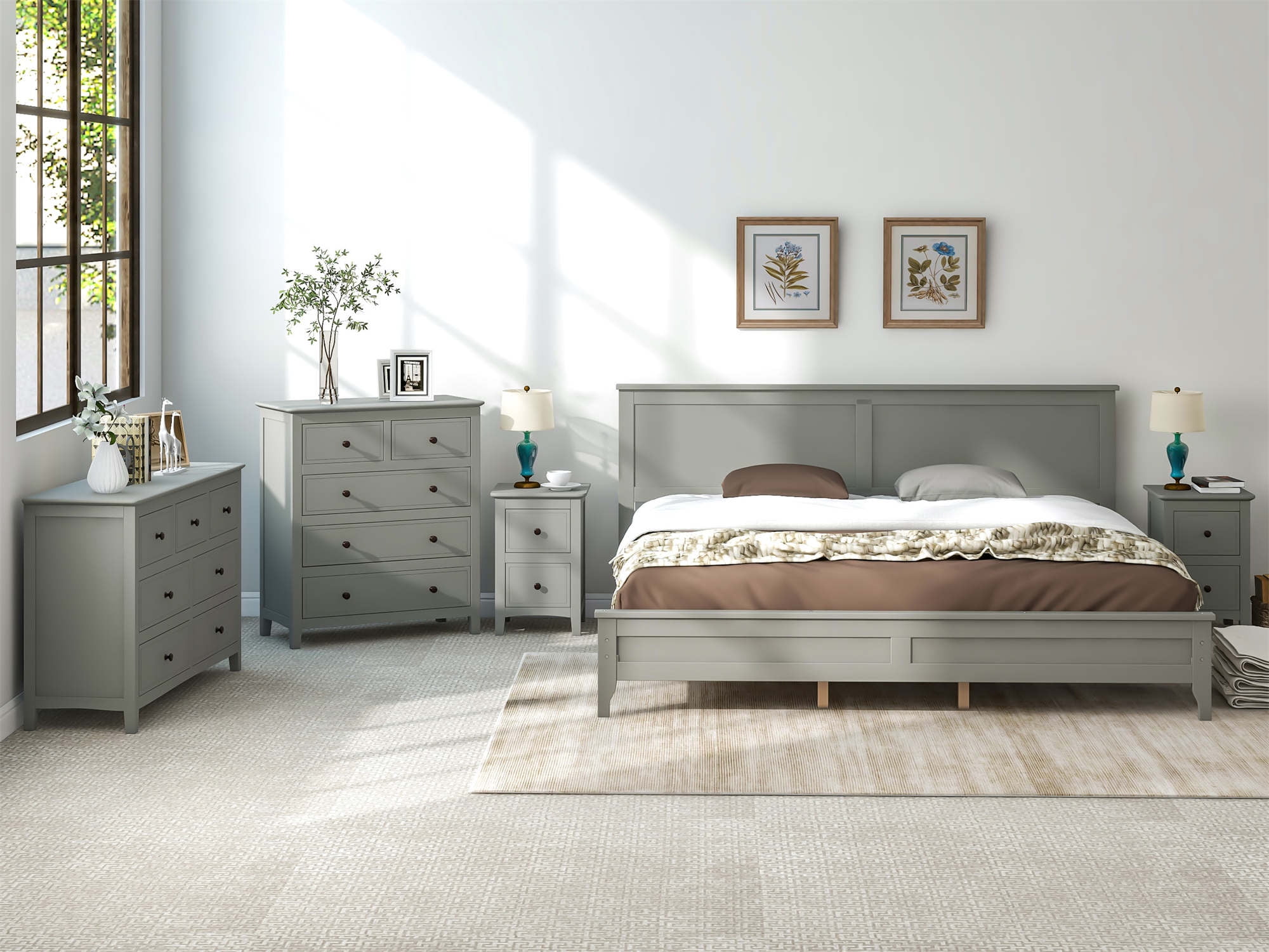 5-Piece Bedroom Furniture Set, Solid Wood Bedroom Set with King Size ...
