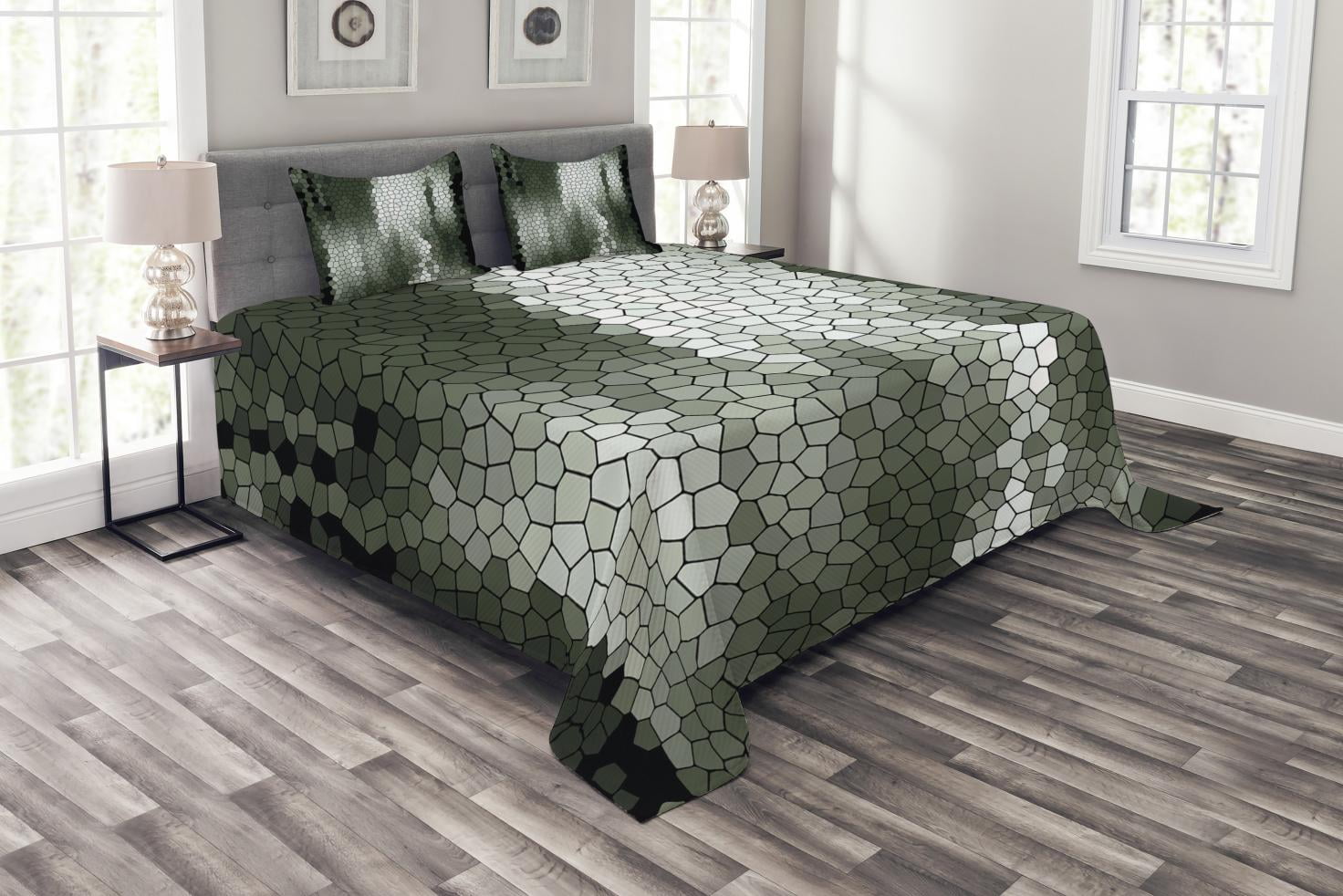 Abstract Bedspread Set King Size, Artistic Mosaic Pattern Green and ...