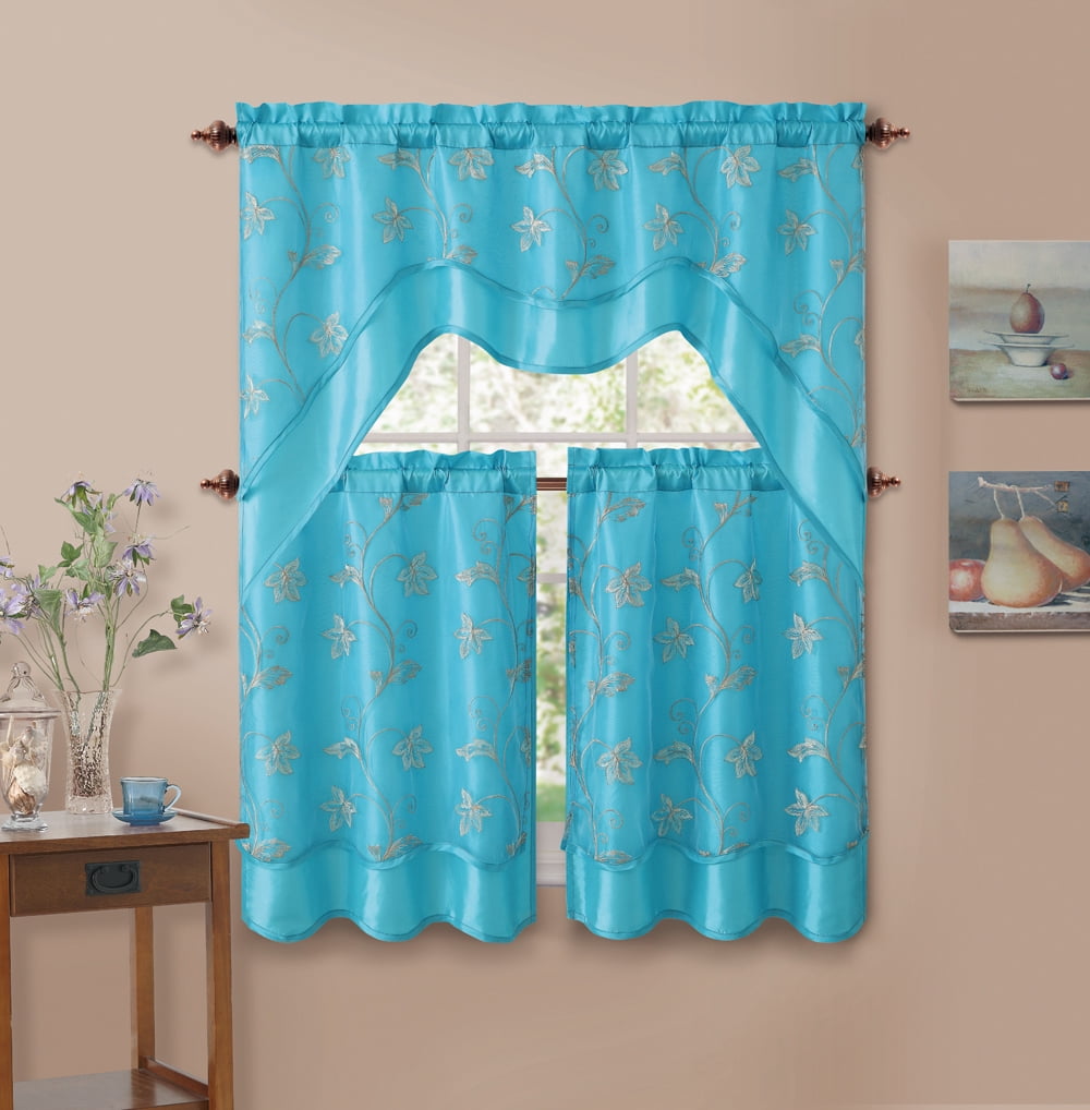 3 Piece Blue Double Layer Leaf Embroidered Kitchen Window Curtain Set ...