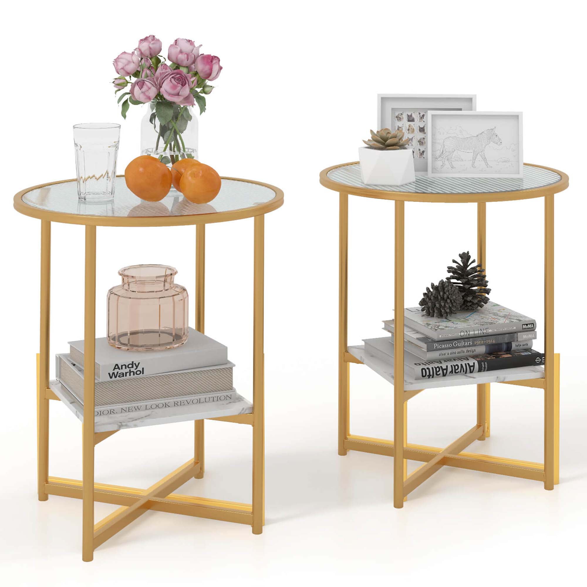 Click here for Costway 2pcs Glass End Table 2-Tier 20 Round Side... prices