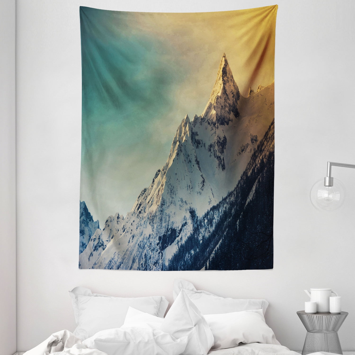 Mountains Tapestry, Winter Mountains Panorama Style Scene with Ski ...
