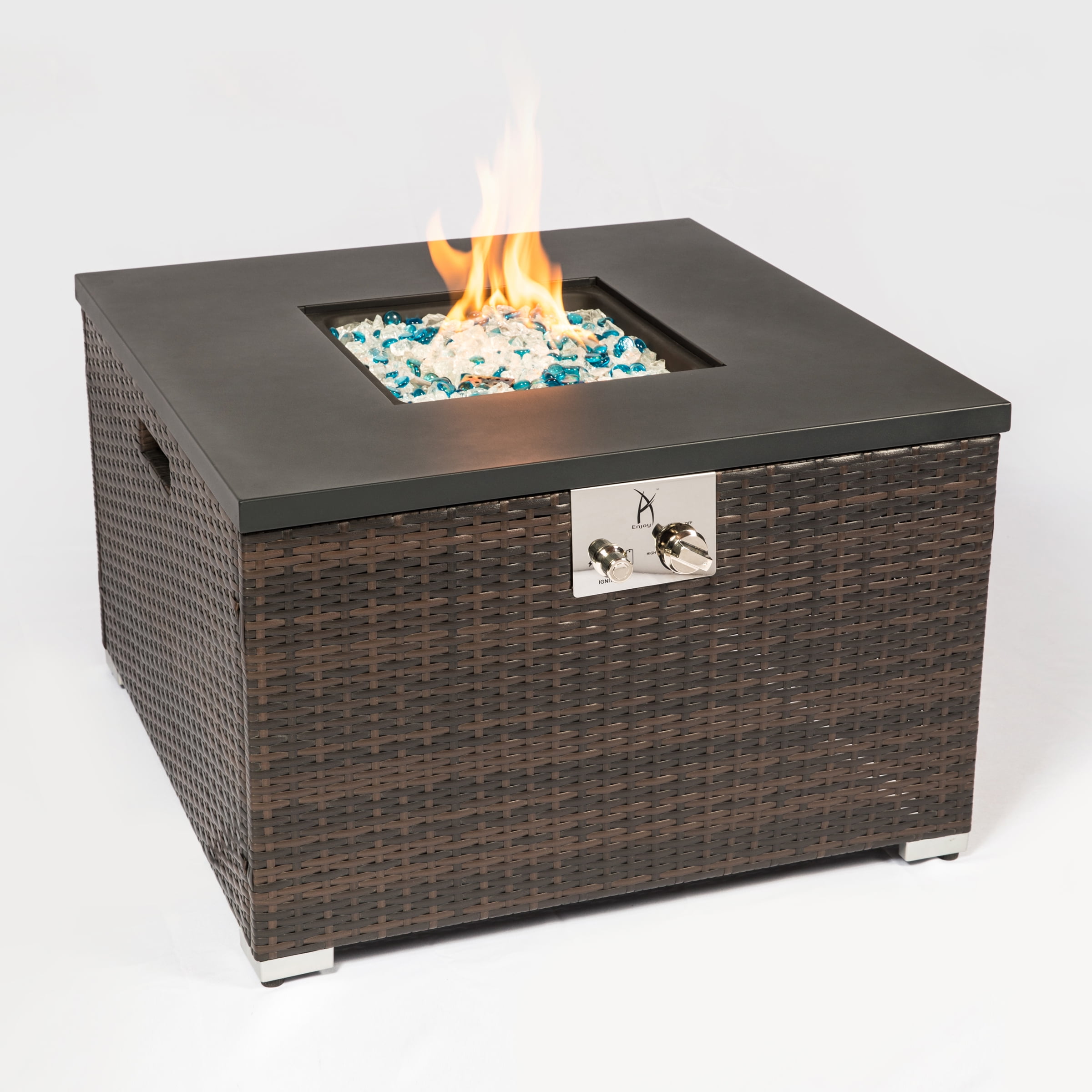 Mefine Fire Pit Table Square Dark Brown Wicker Gas Fire Pit - Walmart.com