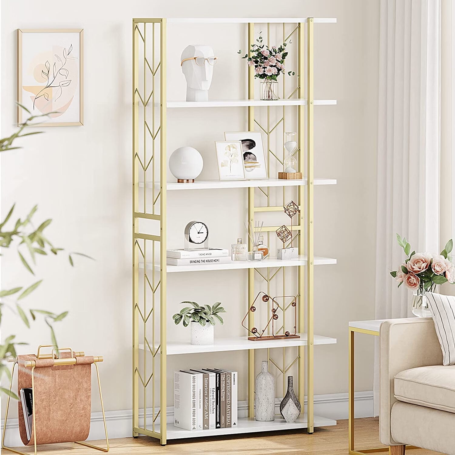 Metal Bookshelf, 5 Tier Bookcase Tall Standing Modern Display Racks ...