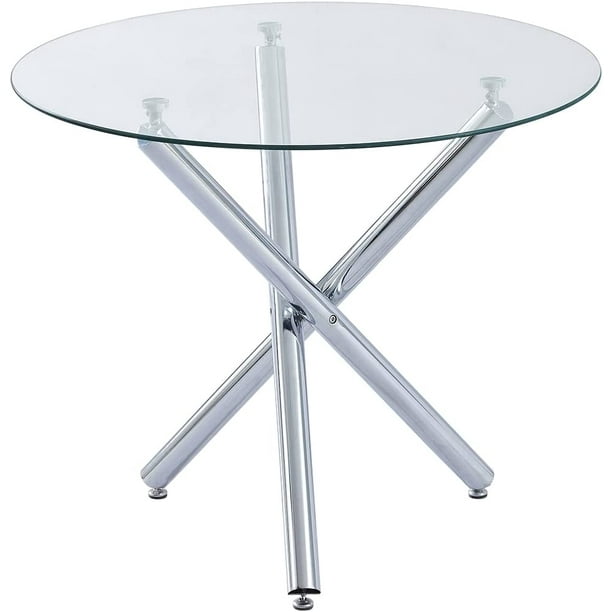 Dining Table Round Glass Top Table Clear Chrome Metal Stainless Steel ...
