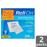 ReliOn Skin Cleanser Sterile Alcohol Swabs Twin Pack, 400 count, 2 pack ...