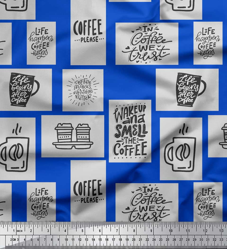 Soimoi Blue Japan Crepe Satin Fabric Coffee Please Text Print Fabric by ...