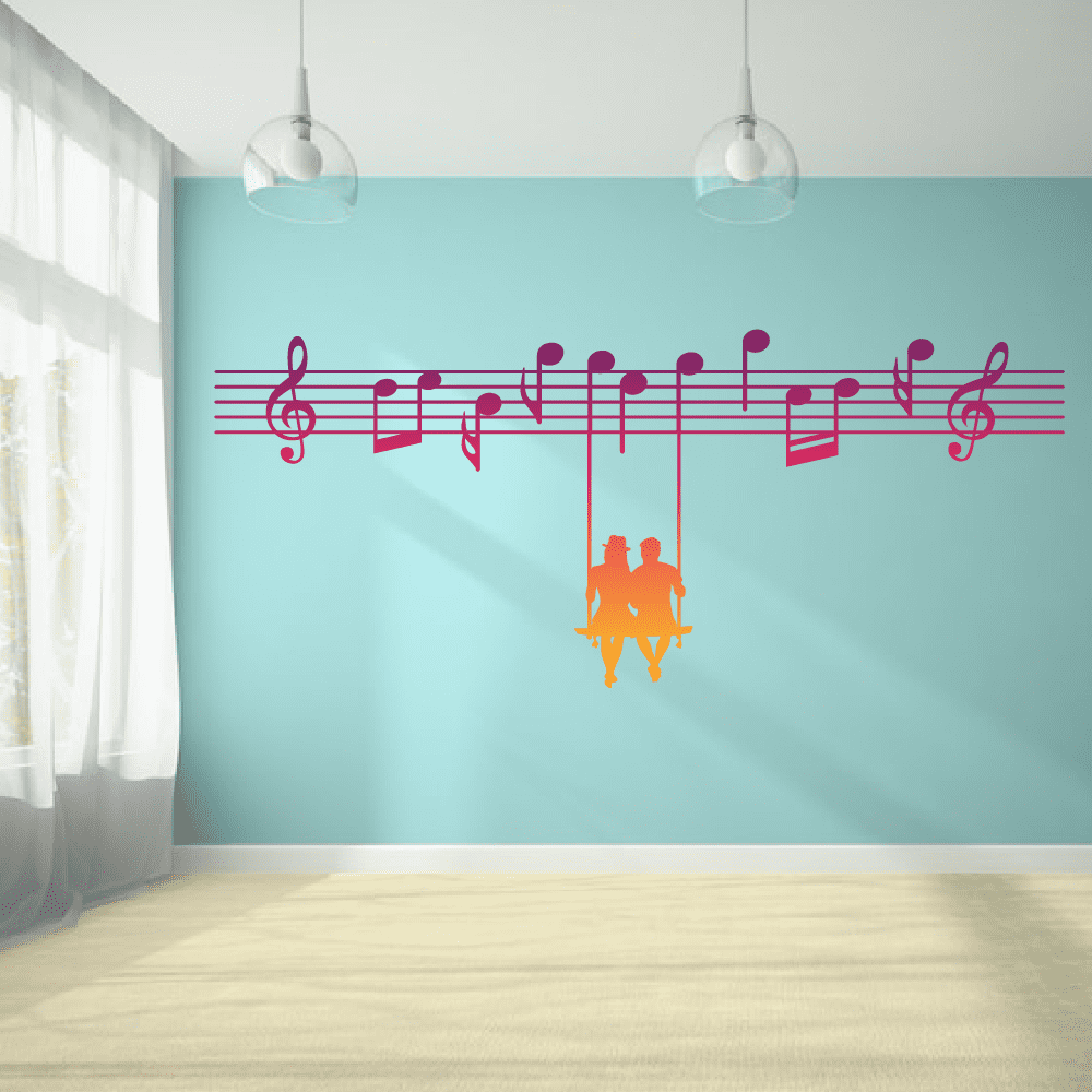 Couple of Lovers Silhouette Hanging on Musical Notes with Creative and ...