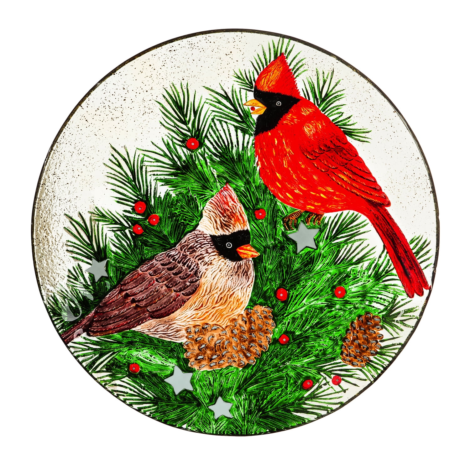 18" Hand Painted Embossed Glass Bird Bath, Cardinals and Winter Spruce ...