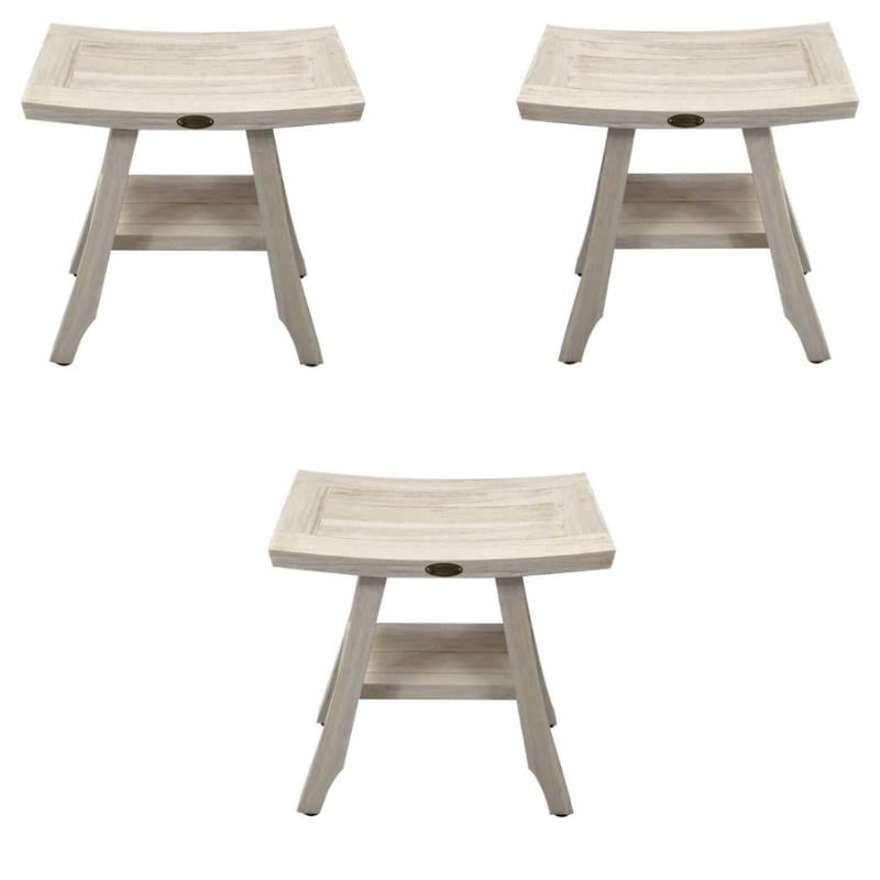 Home Square 18" Square Teak Wood Shower Stool with Shelf in White - Set ...