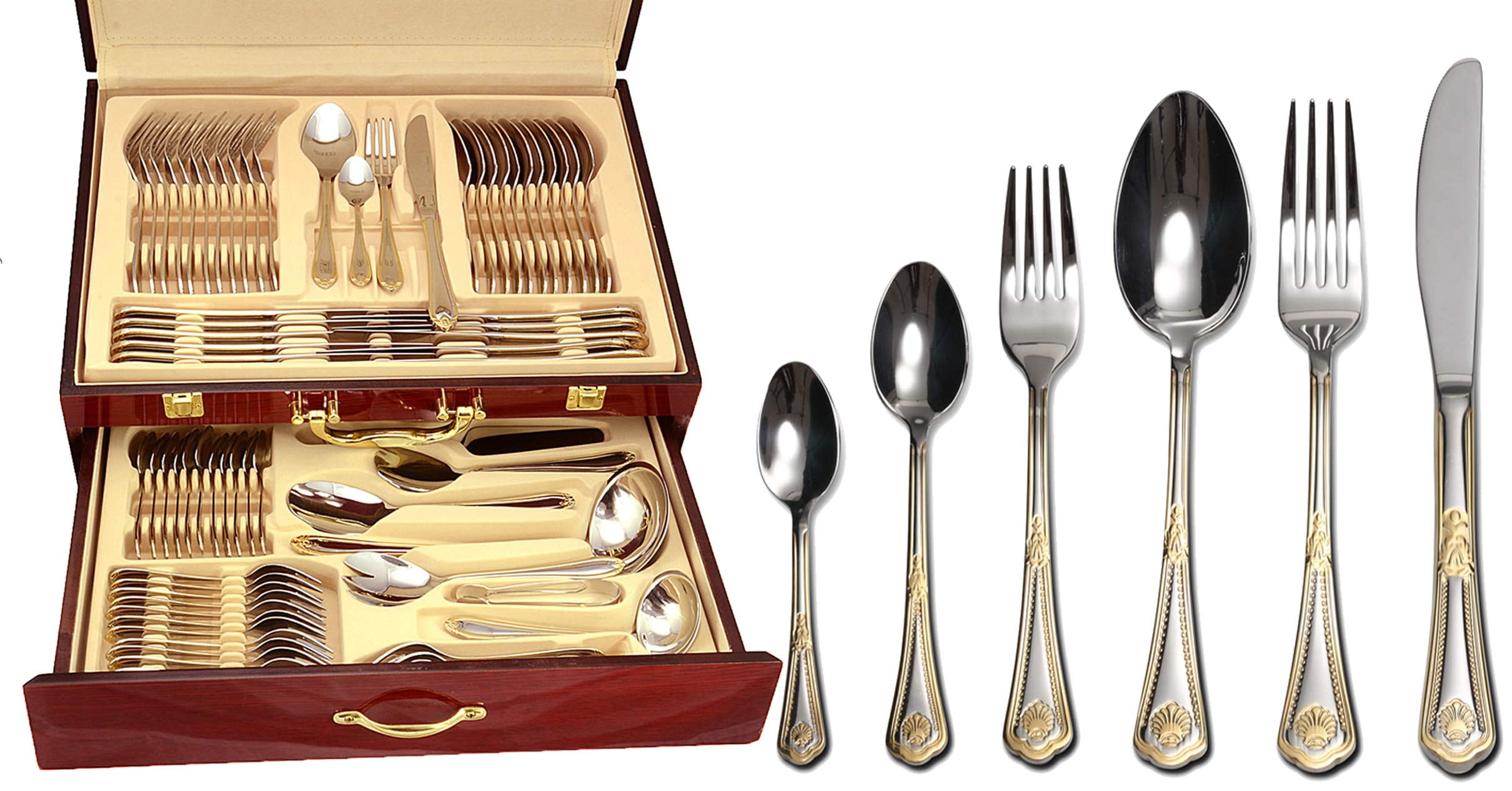 75-Piece Gold Flatware Set Dining Service for 12 - Premium 18/10 ...