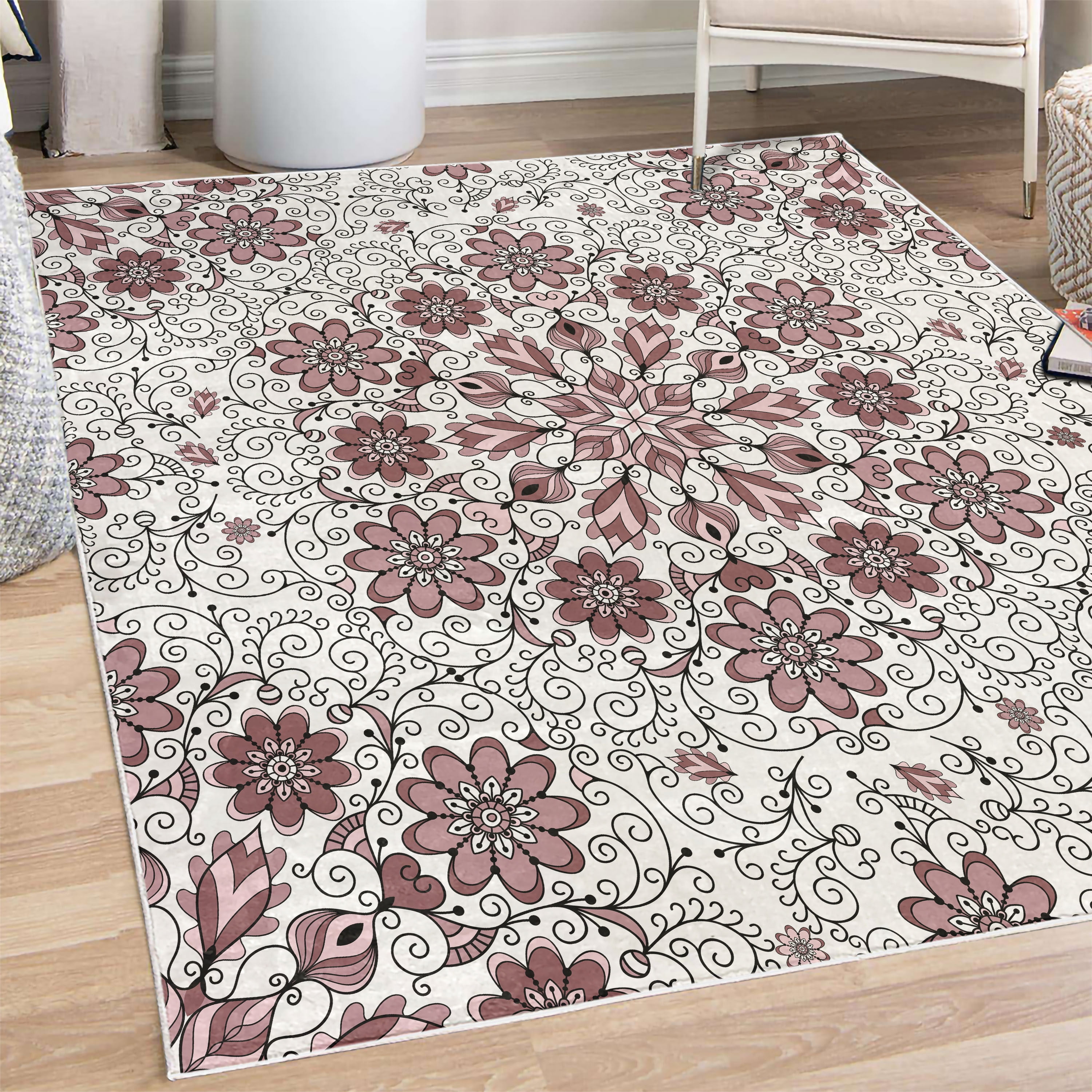 Ethnic Decorative Rug, Vintage Abstract Flower Swirls Leaves Doily ...