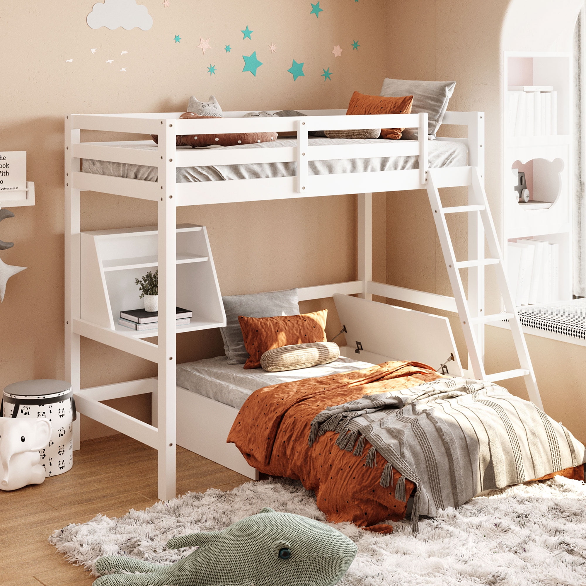 White Twin Size Loft Bed Wood Bed with Convertible Lower Bed, Storage ...