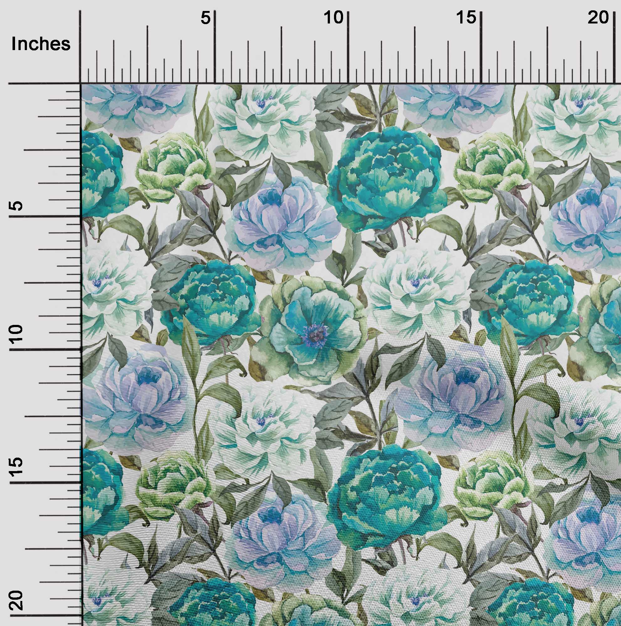 oneOone Silk Tabby Teal Blue Fabric Flower & Leaves Watercolor Quilting ...