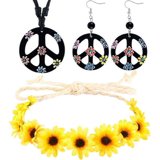 3 Pieces Hippie Costume Set, Includes Flower Crown Headband, Peace Sign Necklace and Peace Sign ...